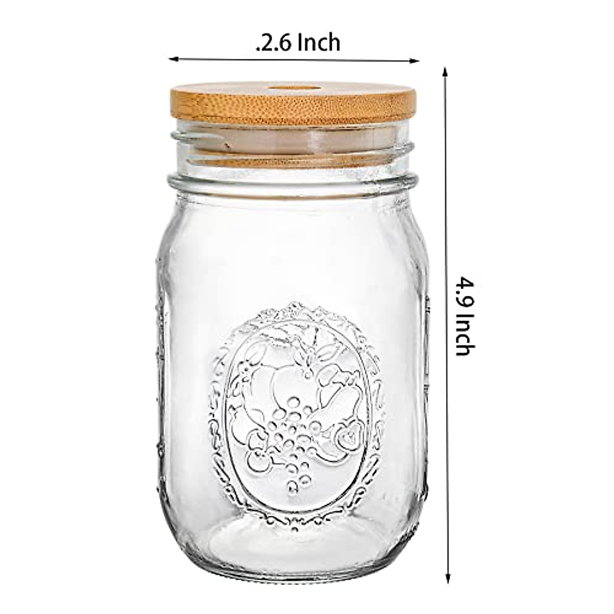 Nicunom 4 Pack Mason Jar Cups with Bamboo Lids, 16OZ Wide Mouth Smoothie Cups Mason Jar Drinking Glass Cups with Straw, Travel Tumbler for Bubble Tea, Smoothie, Juice, Iced Coffee