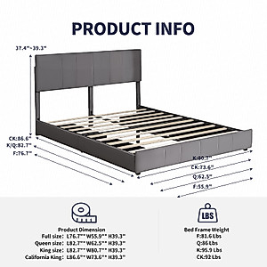 Platform Full Size Bed Frame with 4 Storage Drawers,Upholstered Full Bed Frame with Velvet Tufted Headboard Adjustable,Solid Wooden Slat Support,No Box Spring Needed,Dark Grey