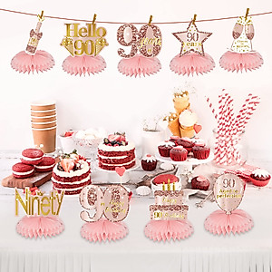 Turypaty Pink Rose Gold 90th Birthday Honeycomb Centerpieces Decorations for Women, 9Pcs Rose Gold Happy 90th Birthday Table Centerpieces Party Supplies, 90 Year Old Birthday Table Toppers Decor