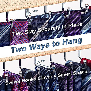 Tie Rack Wall Mounted, Natural Wood Tie Organizer Holds 20 Ties/Belt/Purse, Tie and Belt Organizer with/ 360° Rotatable Hooks,Screw Nail, Ideal for Installation on Wall、Door、Closet, 1 Pack, Natrual