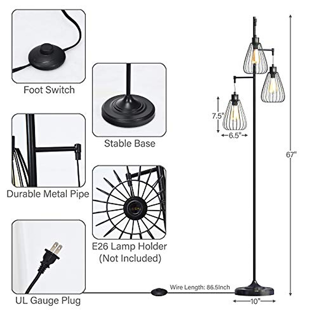 Tangkula 3 Lights Industrial Floor Lamp, Rustic 3-Head Tall Lamp, 67Inch Metal Standing Lamp, Tree Lamp with 3 Hanging Lampshade, Cage Floor Lighting for Farmhouse Living Room Kitchen Bedroom (Black)