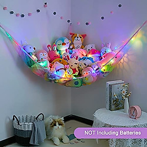 Stuffed Animals Hammock Kids Toy Storage with LED Light Unicorn Castle Plush Toy Organizer Coner Hanging Stuffed Animals Holder For Nursery Kids Girls Room Decor