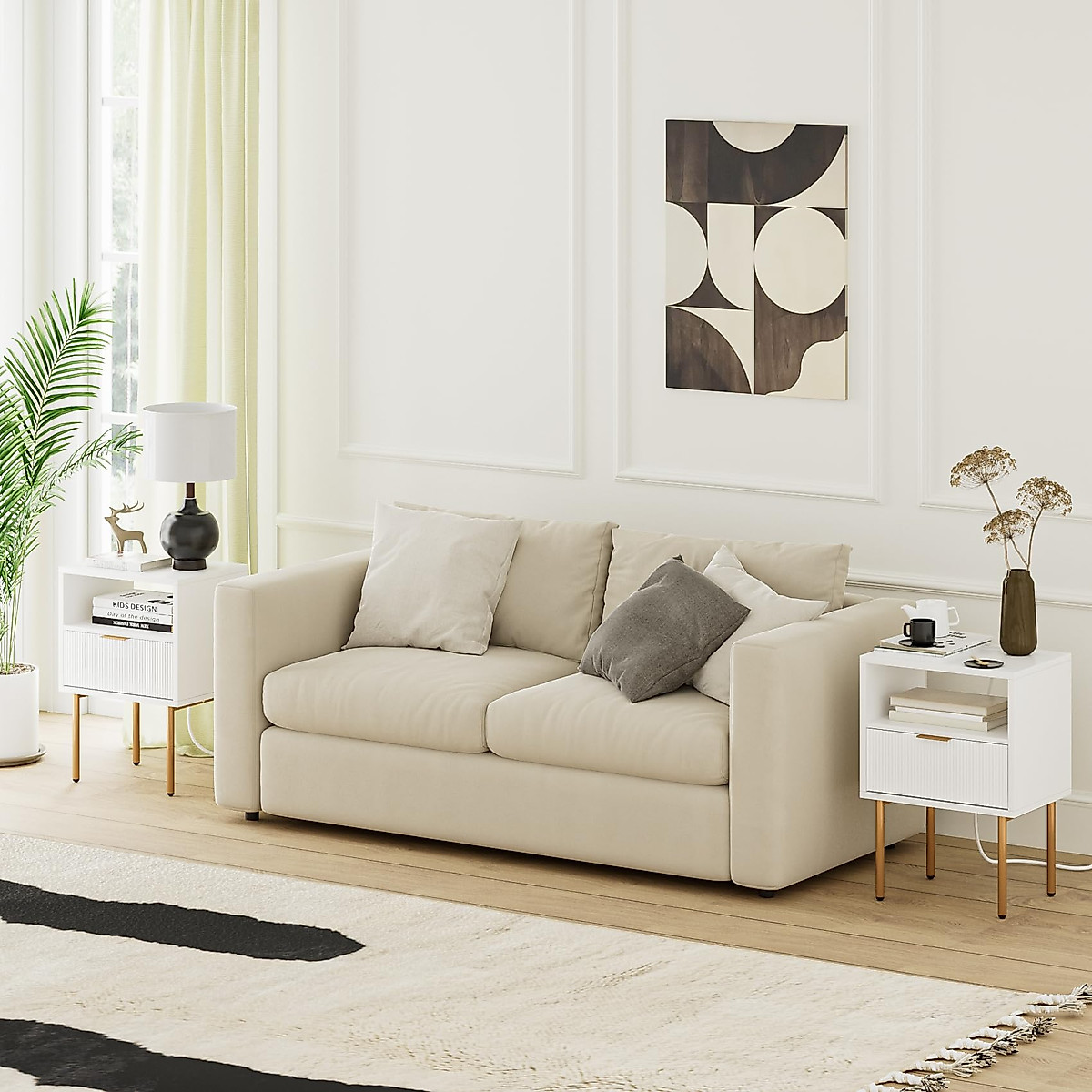 Aobafuir Nightstand with Charging Station, Drawer Dresser for Bedroom, Small Side Table with Drawer, Night Stand, End Table with Gold Frame for Bedroom, Living Room, Stripe White