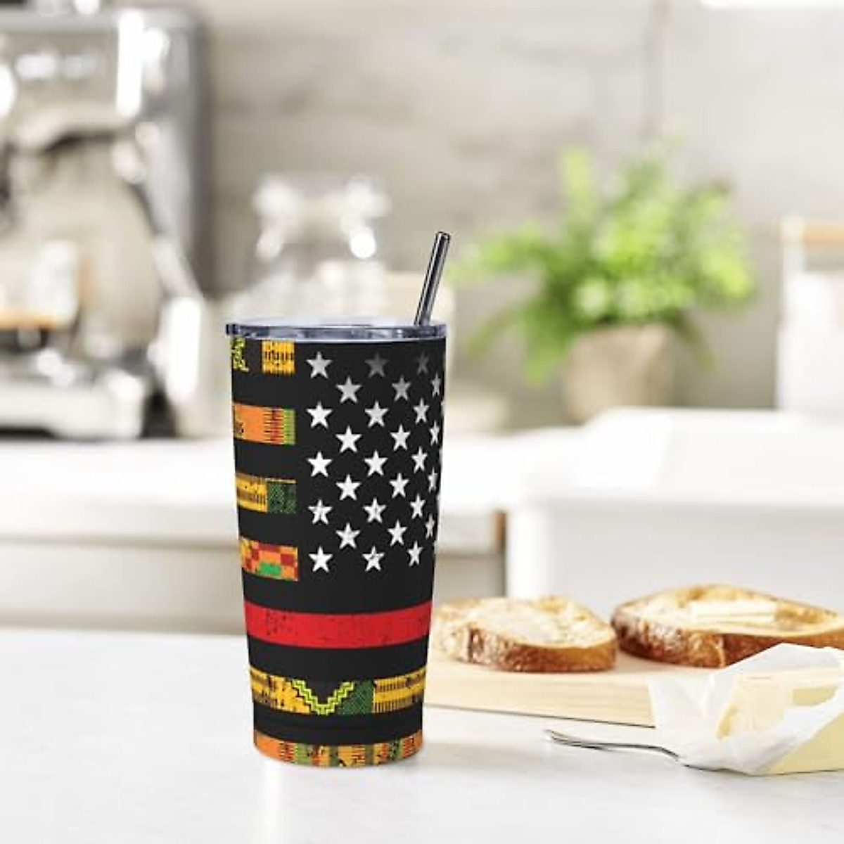 VKKOEWL American Flag African Kente Stainless Steel Insulated Tumbler 20 Oz Travel Water Bottle Coffee Mug Drink Cup With Lid Straw