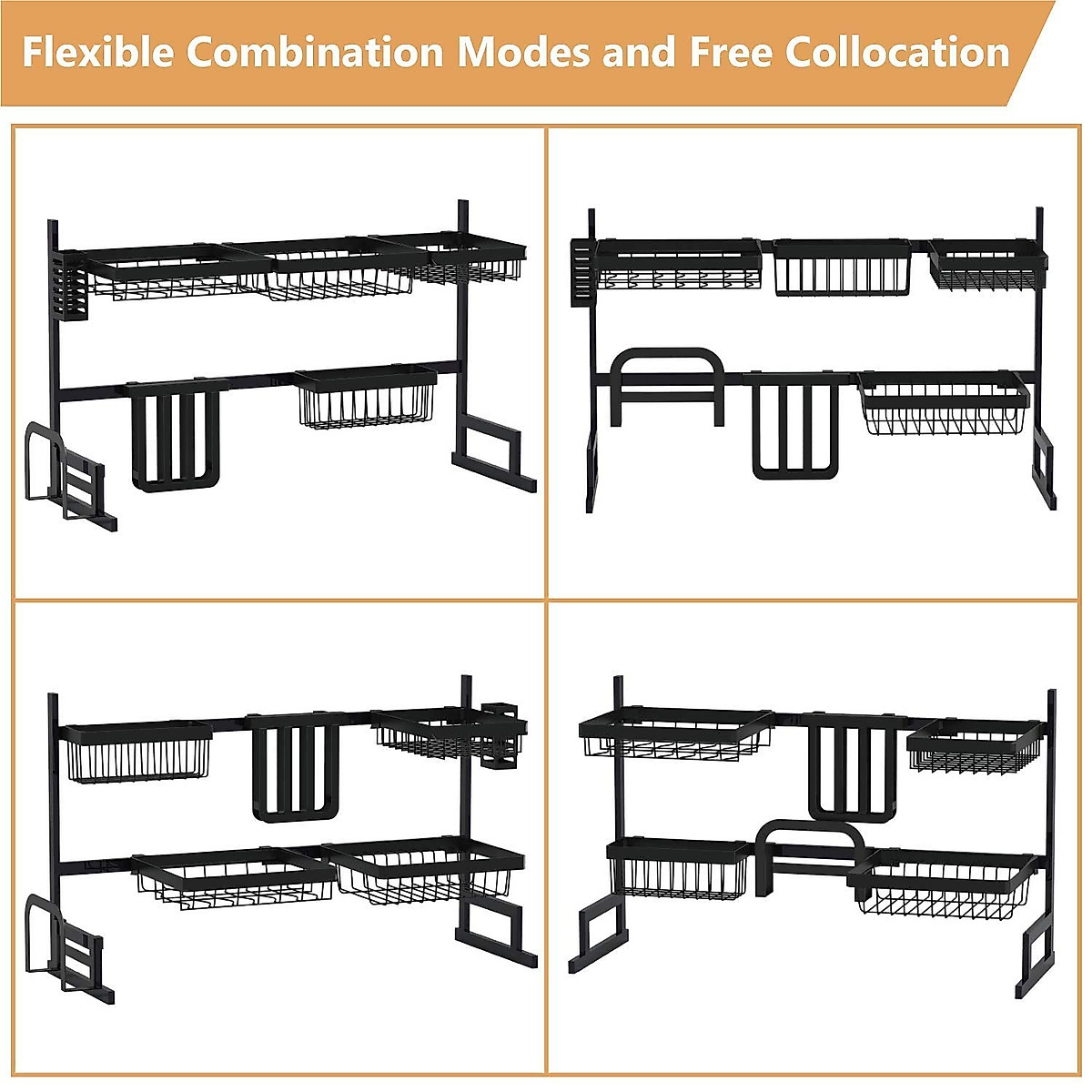 Dish Drying Rack Over The Sink, Adjustable（33.5-40.5in） Large Dish Rack Drainer for Kitchen Organization Storage Space Saver Shelf Holder with 7 Utility Hooks Dish Rack Over Sink【Fit Sink 32"- 39" L】