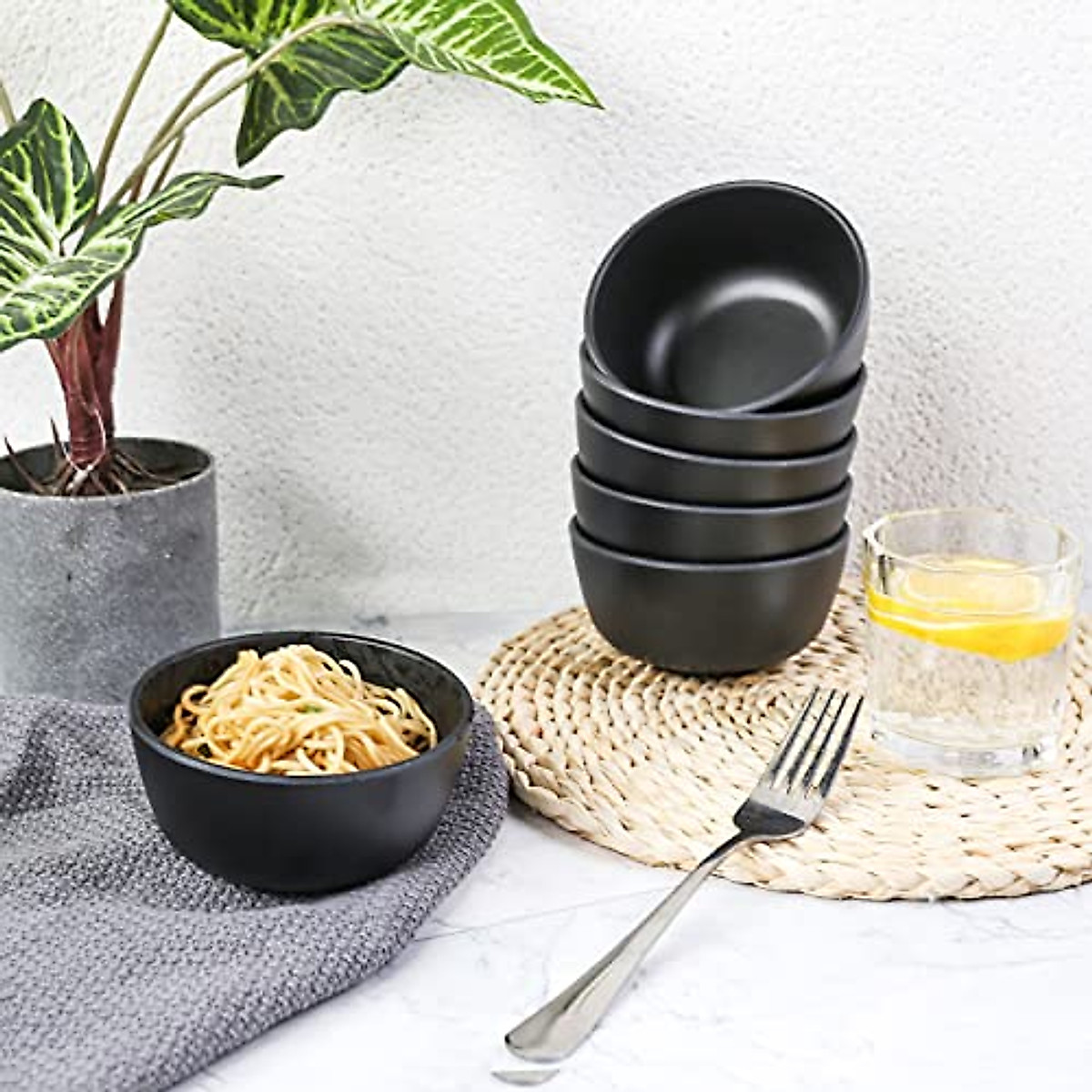 TP Unbreakable Soup Bowls, 10 Ounce Melamine Bowls Set, 4.5" Cereal Bowl, Black Bowls for Cereal Soup Rice Pasta Salad Oatmeal, Chip Resistant, Set of 6