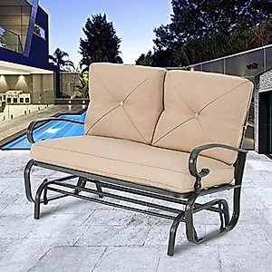 Patiomore Outdoor Loveseat Patio Swing Glider Bench 2 Seats Rocking Chair, Wrought Iron Chair Set with Brown Cushion