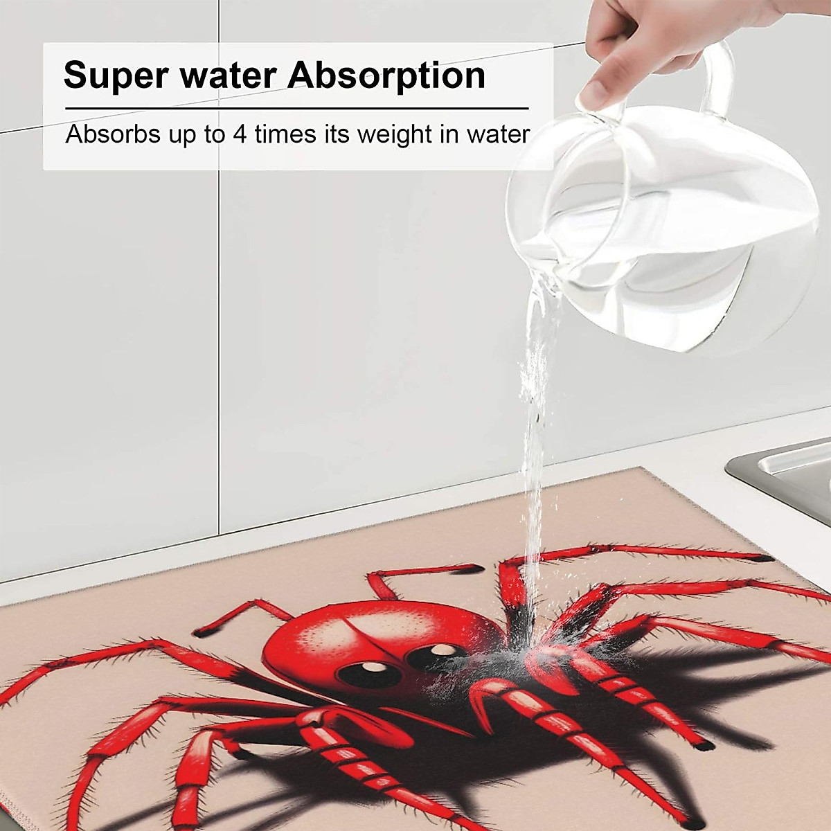 Cute Little Red Spider Washable Kitchen Countertop Drying Mat 16x18in For Halloween Christmas Housewarming Gift Dishes Drainer