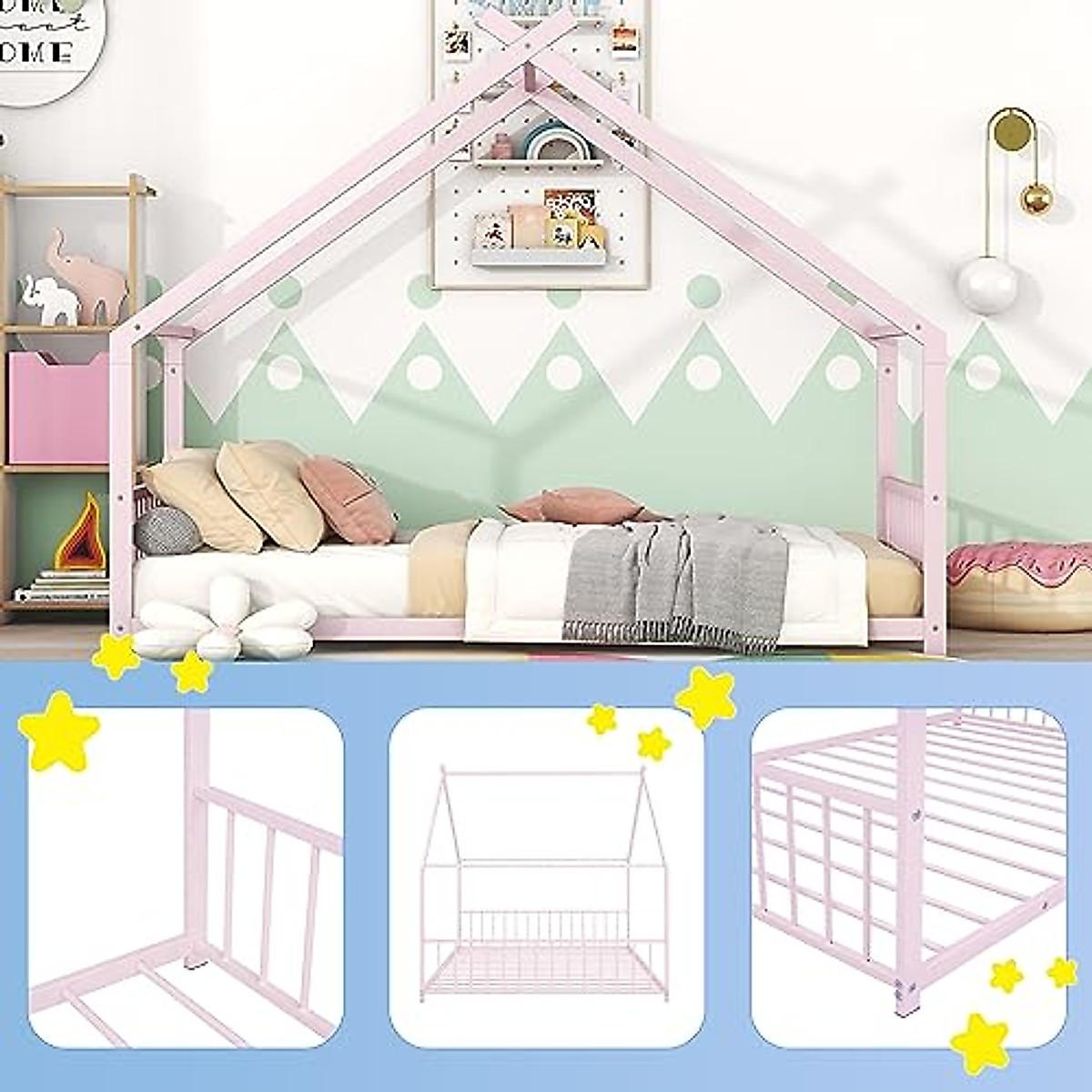 HANLIVES Full House Bed for Kids, Metal Floor Bed Frame Full with Headboard and Footboard, Full Kids Bed Floor Bed for Toddlers, Girls, Boys(Pink)