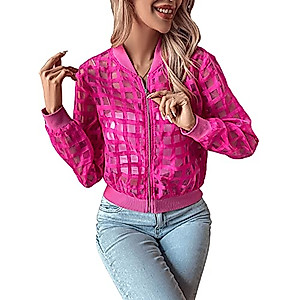 Floerns Women's Hollow Out Long Sleeve Baseball Collar Zip Up Bomber Jacket Hot Pink S