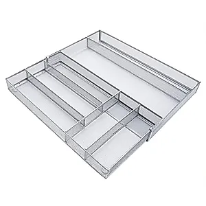 HANGYALI Expandable Cutlery Tray Mesh Flatware Metal Non-Slip 6 Compartments Kitchen Drawer Utensil Organizer (Silver)