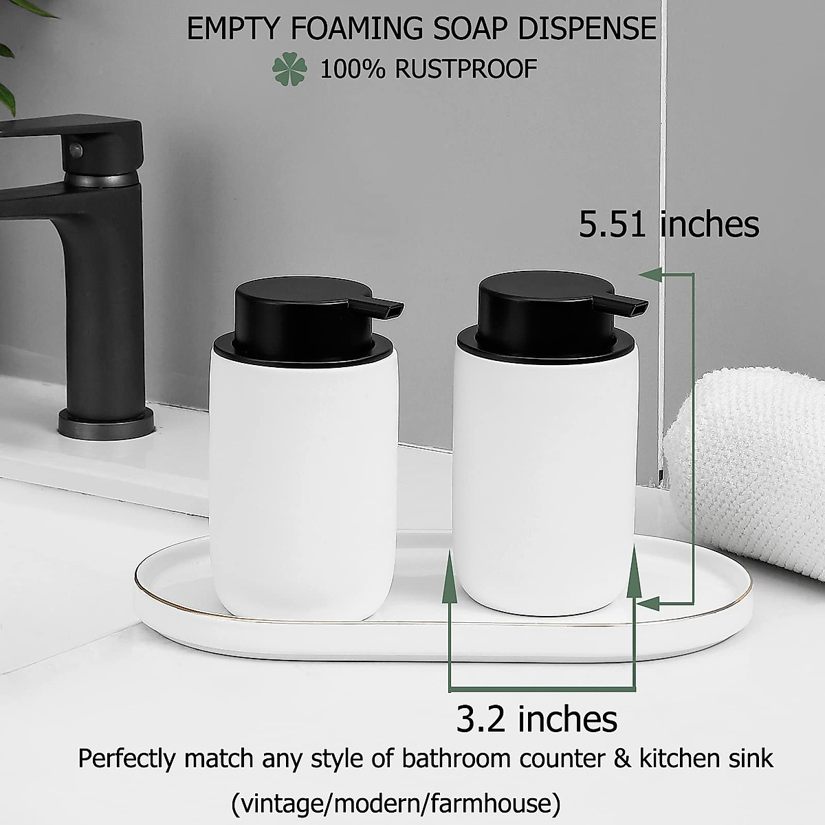 Foaming Soap Dispenser Thick Ceramic Foam Hand Soap Dispenser for Bathroom or Kitchen Sink, Liquid Pump Bottles for Hand soap, Body Wash, 2 Pack White