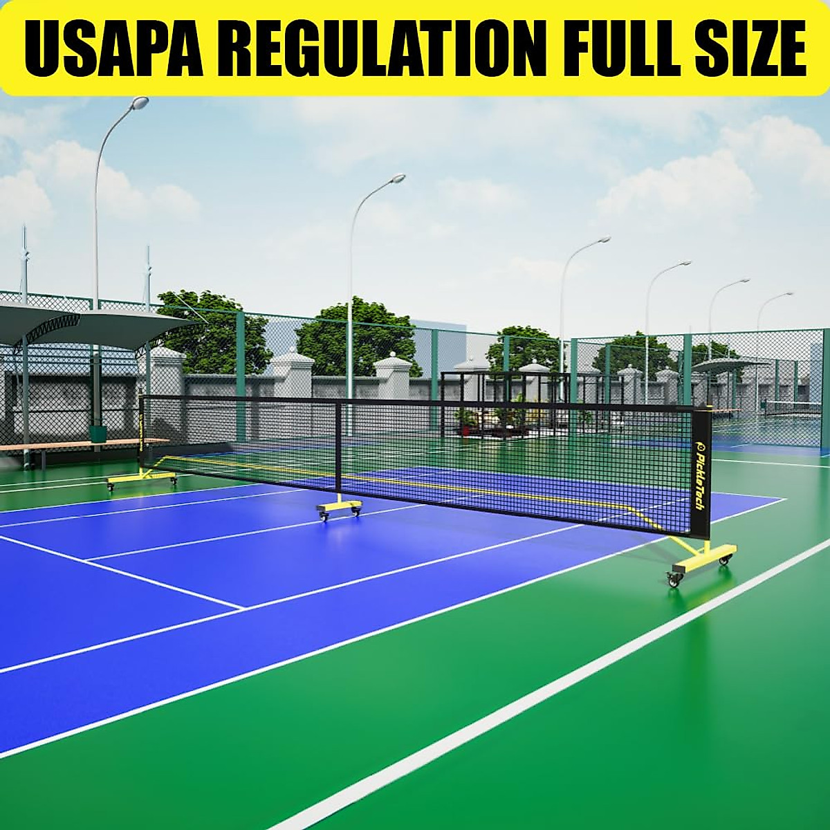 PICKLETECH Pickleball Net Portable Outdoor with Wheels - 22 FT USAPA Regulation Size, Applies to Indoor & Outdoor & Driveway, Pickle Ball Net System with Carrying Bag (Yellow)