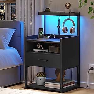 VIAGDO Nightstand with Charging Station and LED Lights, Black Night Stand with Drawer, Modern End Side Table with Open Storage Shelves, Bedside Tables for Bedroom, Office