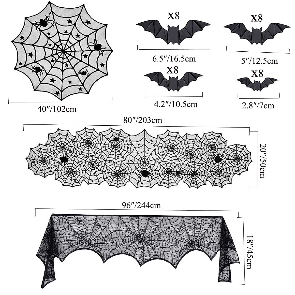 Orgrimmar 35 PCS Halloween Decorations Set Include Lace Spider Web Table Runner, Round Lace Table Cover, Fireplace Scarf Cover and 32 Pieces 3D Bats Wall Sticker Decal