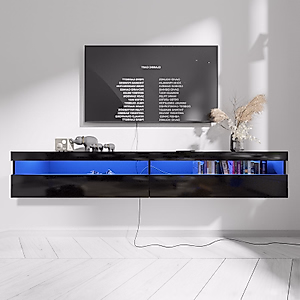 EXQUAL Modern Floating TV Stand, Black, 70.8''L x 16.3''W x 11.8''H, Wall Mounted TV Shelf with LED Lights & Power Outlet, 110 lbs Weight Capacity, for Living Room & Bedroom