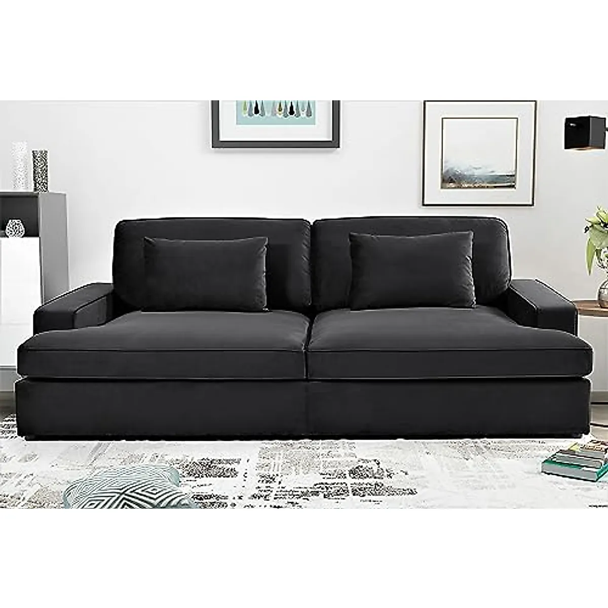 Container Furniture Direct Modern Glam Velvet Sleeper Sofa Bed with Luxurious Design, Elegant Centerpiece for Stylish Living Rooms and Comfortable Lounging with 2 Accent Pillows, Black