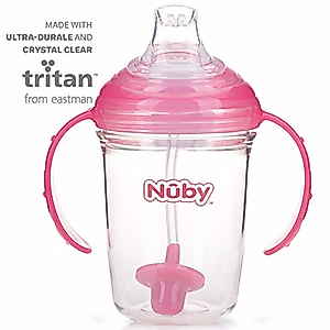 Nuby 360 Grip N' Sip 8oz Tritan Cup, Weighted Straw with Hygienic Cover, Pink