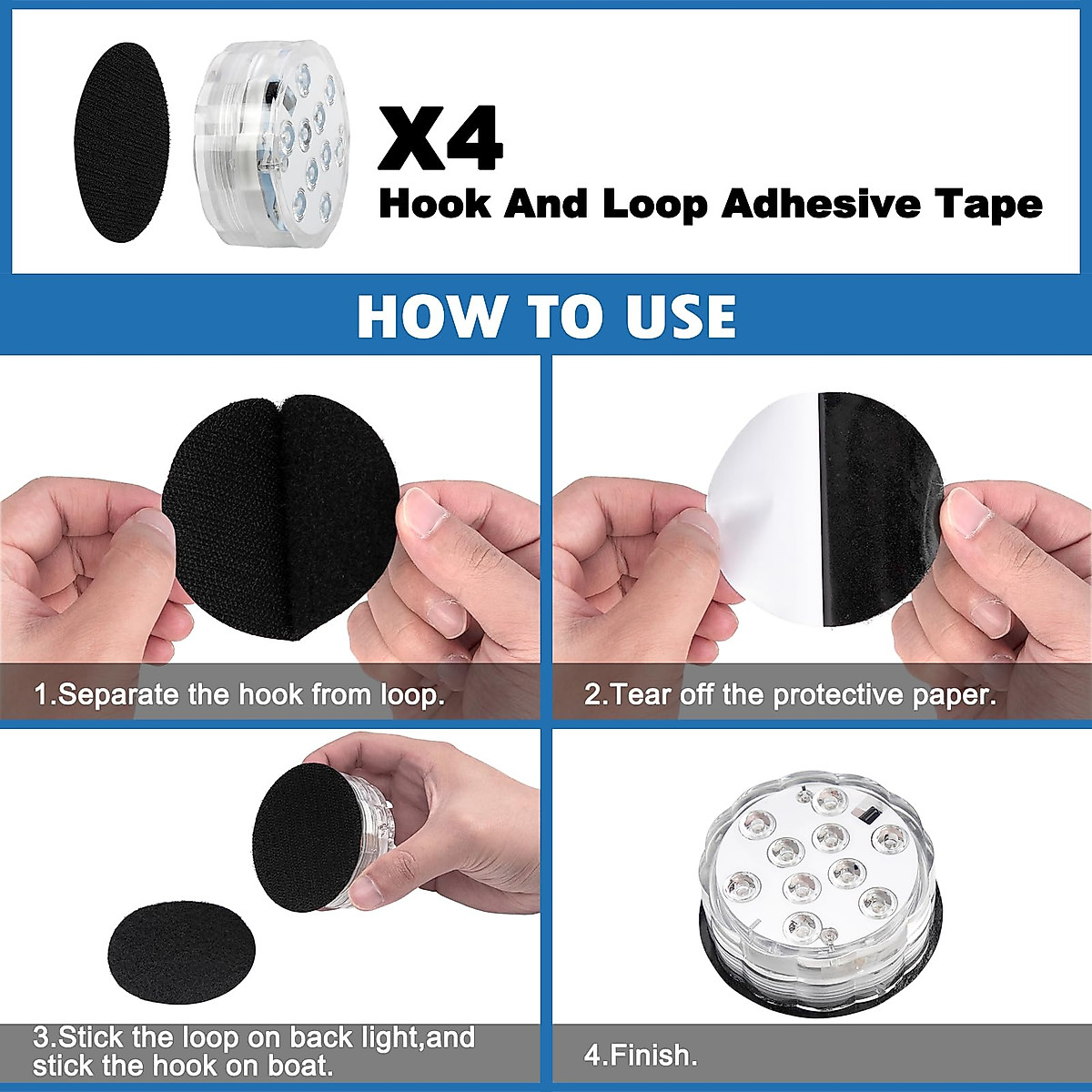 Obcursco Wireless Boat Lights, Battery-Powered RGB Multi-Color Submersible LED for Interior, Deck, and Courtesy Lighting, Ideal for Pontoon, Kayak, Fishing, and Jon Boats (4 PCS)