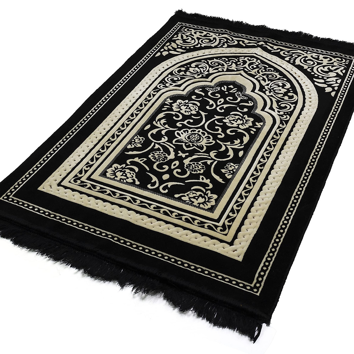 Modefa Turkish Islamic Velvet Prayer Rug - Thick Wide Soft Prayer Carpet - Men & Women - Large Prayer Mat - Eid & Ramadan Gift - with Kufi Cap Beads & Car Hanger - Double Plush Floral Black