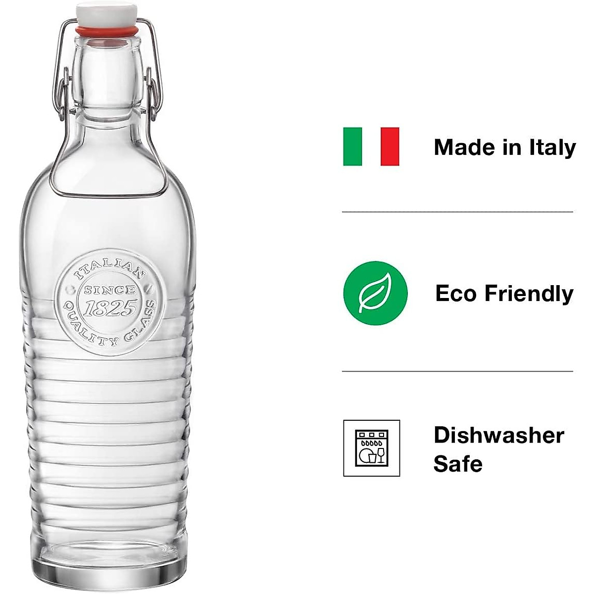 Bormioli Rocco Officina Water Bottle | 37.25oz, Italian Glass Pitcher | Airtight Seal & Metal Clamp | Easy-To-Carry Handle, Dishwasher Safe, Eco-Friendly | Safe For Infused & Carbonated Drinks