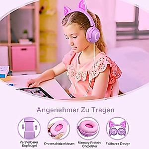 LOBKIN Headphones Kids, Headphones Cat Ears with LED, 85dB Volume Limiter, Foldable, Kids Headphones with Wire for Girls Boys (Purple+Pink)
