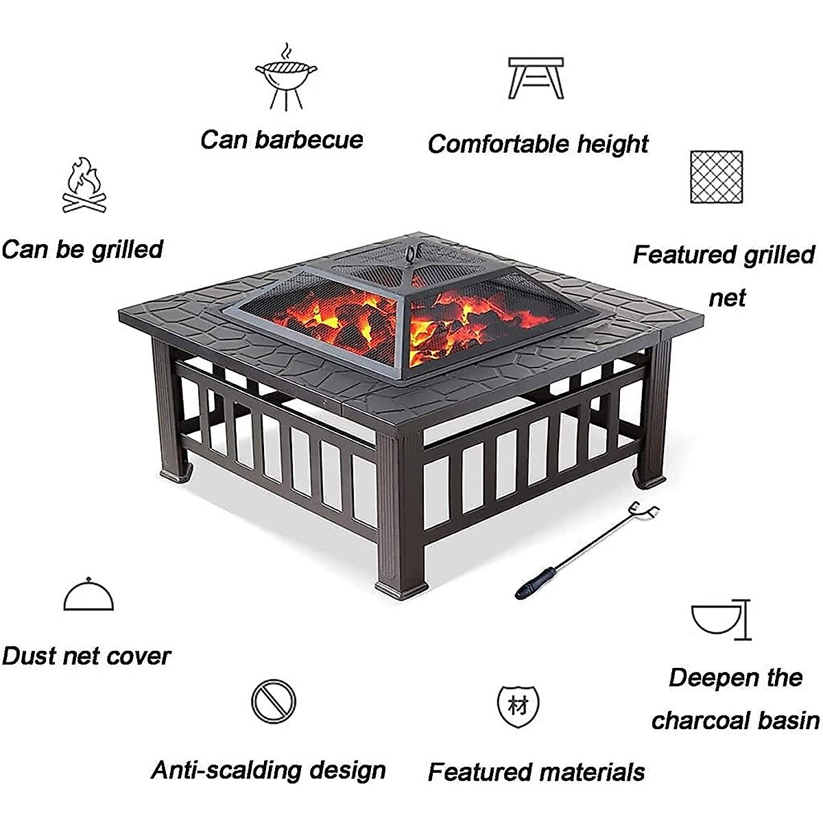 32Inch Outdoor Fire Pit Table, Wood Burning Firepit with Waterproof Cover,Spark Screen and Grill, Metal Square Firepits Grill and Grate for Garden,Patio,Yard and Camping