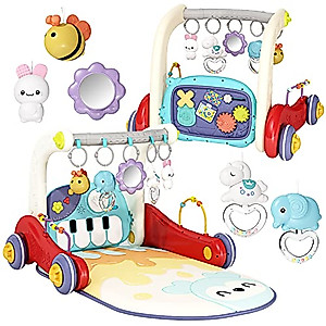 Jovow 2 in 1 Baby Gym with Walker,Baby Play Mat with 5 Infant Learning Sensory,Double-Sided Multifunctional Removable Play Piano Panel ,Sit-to-Stand Learning Walker for 0-24 Months Boy Girl