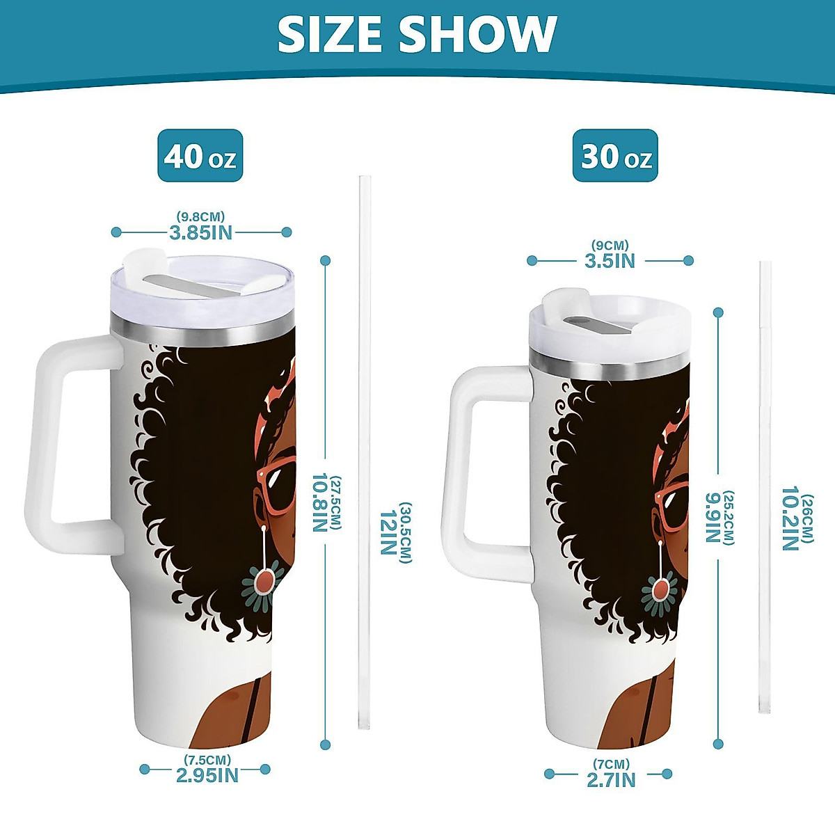 FENOCHE African American Woman Earrings 40 oz Tumbler Insulated Cups Stainless Steel Water Bottle with Handle Lid and Straw Tumblers for Car Cup Holder