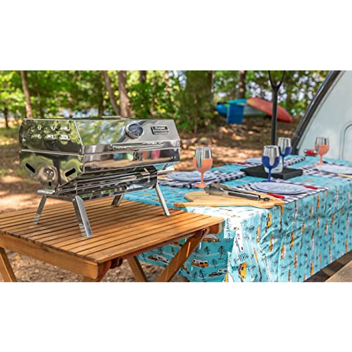 Camco Life is Better at the Campsite Tablecloth with Bench Covers | Provides a Clean Eating Surface for Outdoor Activities | Features an RV and Tree Sketch Design | (53380)