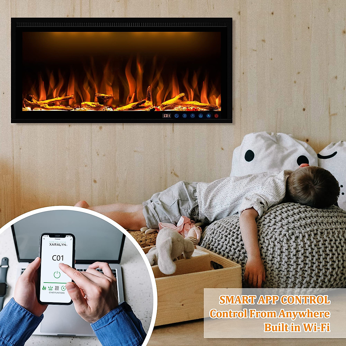 Benrocks 60'' Smart Electric Fireplace Inserts, Recessed & Wall Mounted Fireplace, 13 * 13 * 3 Color Combinations, App Control Fireplace Heater, Timer, Logs & Crystals 750/1500W Black