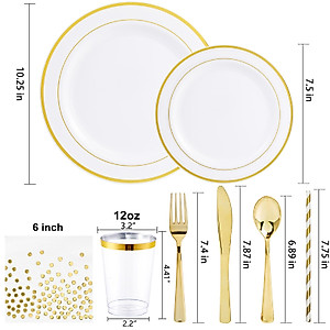 Ciaell 250PCS White and Gold Plastic Plates - Gold Disposable Plastic Plates Sets include 50Plates, 25Knives, 25Forks, 25Spoons, 25Mini Fork, 25 Cups, 25Paper Straws, 50Napkins for Thanksgiving, Party