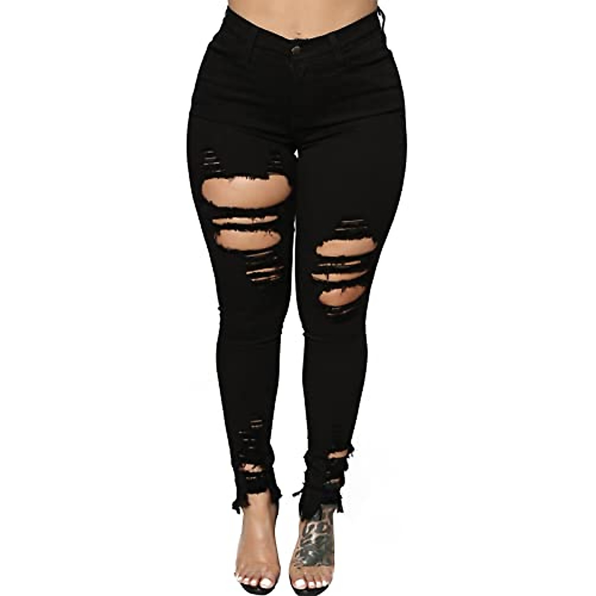 TodTan Women's Skinny Jeans Ripped Mid Rise Stretch Destroyed Denim Pants Jeans Black-b