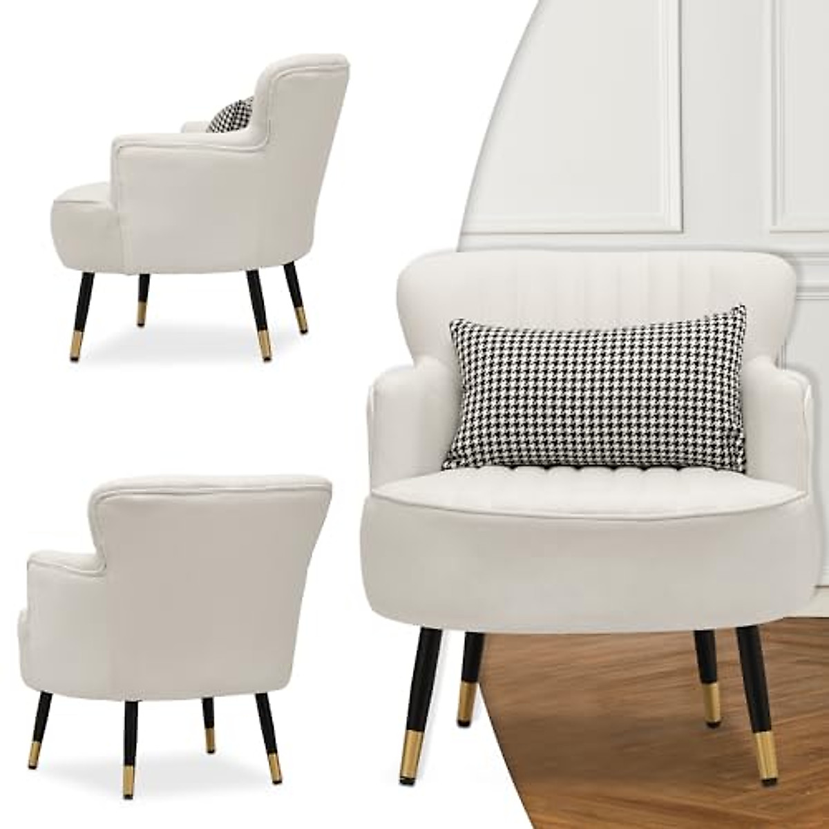 MoNiBloom Accent Chair Modern Armchair Single Sofa Chair with Lumbar Pillow, Mid Century Modern Comfortable Leatheraire Reading Chair for Living Room Bedroom, Metal Legs Back Club Arm Chair, White