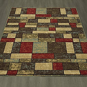Machine Washable Boxes Design Non-Slip Rubberback 3x5 Traditional Area Rug for Living Room, Bedroom, Kitchen, 3'3" x 5', Multicolor