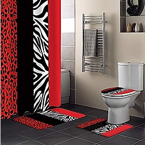 Aomike 4 Piece Shower Curtain Sets Zebra Leopard Pattern Red Black Modern Abstract Art Include Non-Slip Rug, Toilet Lid Cover, Bath Mat and Shower Curtain Waterproof with 12 Hooks for Bathroom