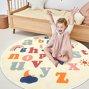 ABREEZE ABC Round Carpet Kids Children Educational Learning Area Rug 4ft, Fluffy Faux Wool Alphabet Baby Crawling Mat, Activity Centerpiece Play Mat for Boys Girls Bedroom Play/Game Room