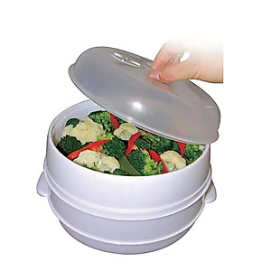 Dependable Industries 2 Tier Microwave Steamer Healthy Cooking Quick Fast Vegetables Meats Poultry Fish No Oil Needed! BPA FREE
