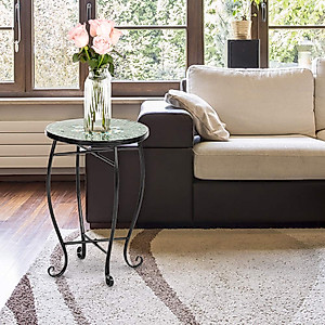 Outdoor Side Table, Metal Coffee End Table, Mosaic Accent Table, Small Terrace Bistro Table, Plant Stand for Patio Porch Beach Balcony, Glass Top & Black Iron, 14 Inch (Green Flowers)