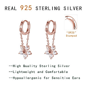 Reffeer 925 Sterling Silver Flower Chain Drop Earrings Hoop for Women Teen Girls Huggie Hoop Dangle Earrings Chain (C-Rose)
