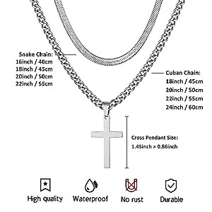 RUOOUY Layered Cross Necklace for Men Boys Stainless Steel Layered Snake Chain Cuban Link Chain 16-24 inch Christian Cross Pendant Religious Jewelry Gifts(S-18-20)