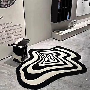 Black and White Abstract Striped Irregular Shape Area Rug 3ft Faux Wool Ultra Soft Rug for Livingroom Bedroom Diningroom Aesthetic Home Office Decor Playroom Carpet