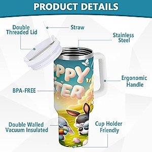 RPLIFE Cute Easter Rabbits Tumbler with Handle, Stainless Steel Coffee Tumbler, Tumbler with Lid and Straw