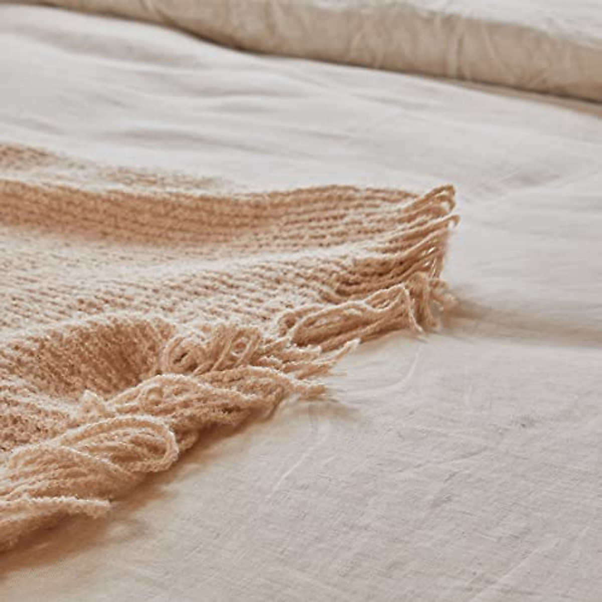 ZonLi Textured Throw Blanket, 45” x 65”, Bulky Knit with Fringe Tassel, Splicing Dual-Color, Oat and Light Brown, for Sofa Chair Couch Bed Living Bed Room