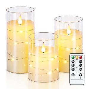 Homemory Flickering Flameless Candles with String Lights, Battery Operated Candles, Embedded String Lights LED Candles, Unbreakable Plexiglass Candles with Remote, Set of 3, Ivory White