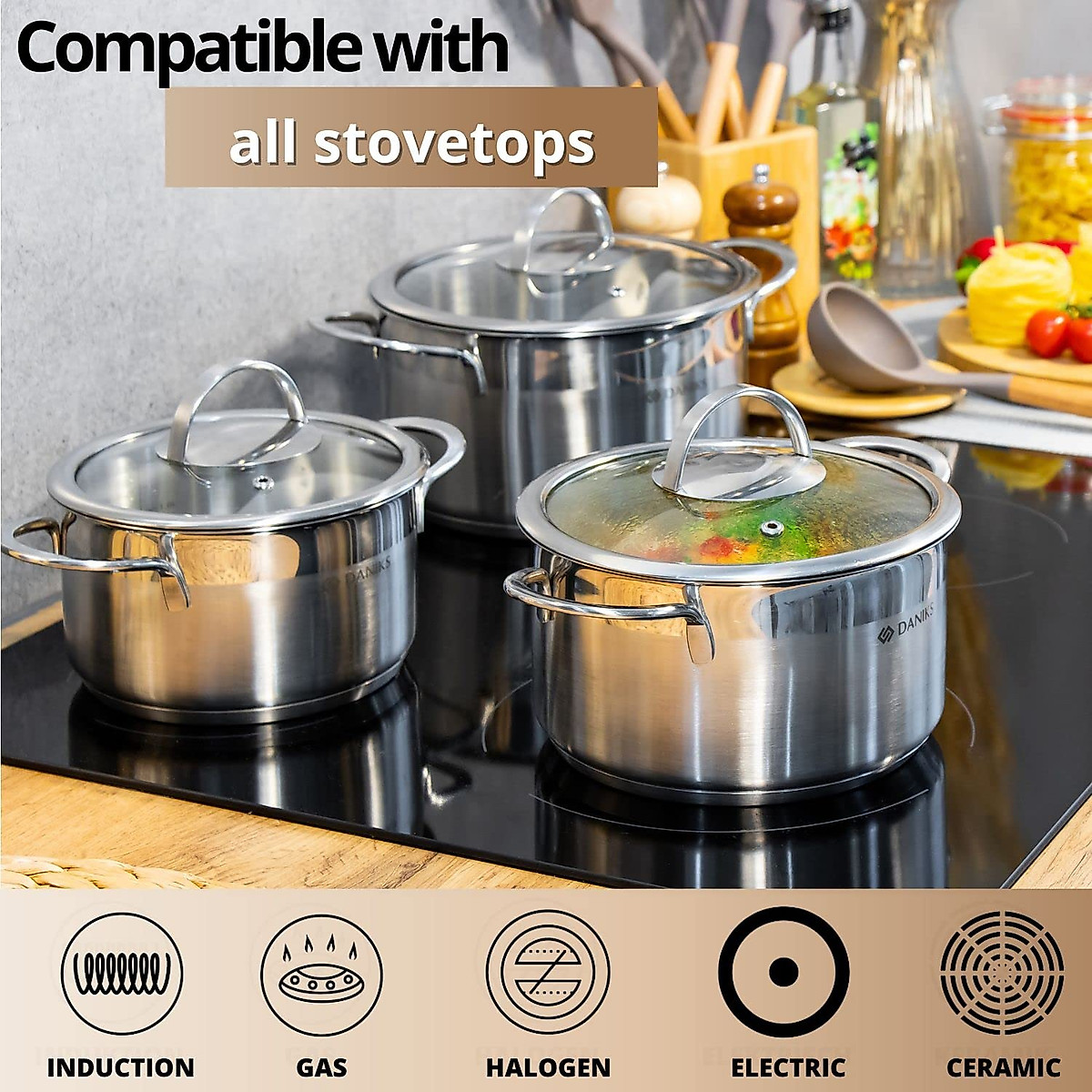 Daniks Bonn Stainless Steel Stock Pot with Glass Lid | Induction 2 Quart | Dishwasher Safe Pot | Measuring Scale | Soup Pasta Stew Pot | Silver