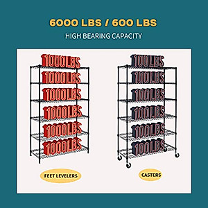 BestMassage Wire Shelving Unit Heavy Duty Garage Storage Shelves Large Metal Shelf Organizer 6-Tier Height Adjustable Commercial Grade Utility Steel Storage Rack with Wheels,18 x 48 x 72 (Black)