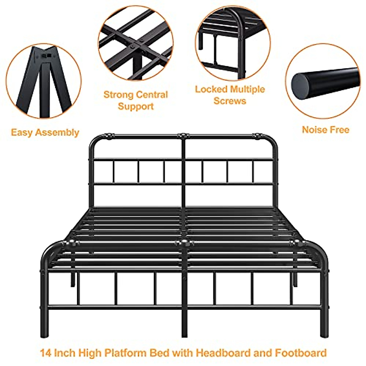 Bednowitz Bed Frame Queen Size, Heavy Duty Metal Slats Support Mattress Foundation, 14 Inch High Platform Bed with Headboard and Footboard, No Box Spring Needed, Noise Free, Easy Assembly, Black