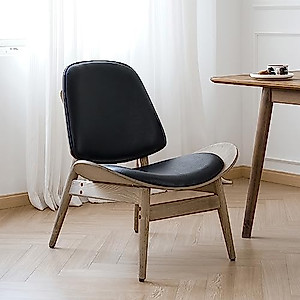 XINNAN Mid Century Modern Shell Lounge Chair, Faux Leather, Scandinavian Furniture Tripod Plywood Classic Design Solid Wood Accent Chairs for Living Room, Reading, Lounge, Office, Salon (Black)