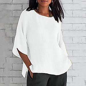 Hfnxid Cotton Linen Tops for Women Loose Fit Oversized Half Sleeve Crewneck Blouses Summer Casual Tunic Tops Linen Shirts, Plus Size Linen Tops for Women,Workout Tops for Women White 4x
